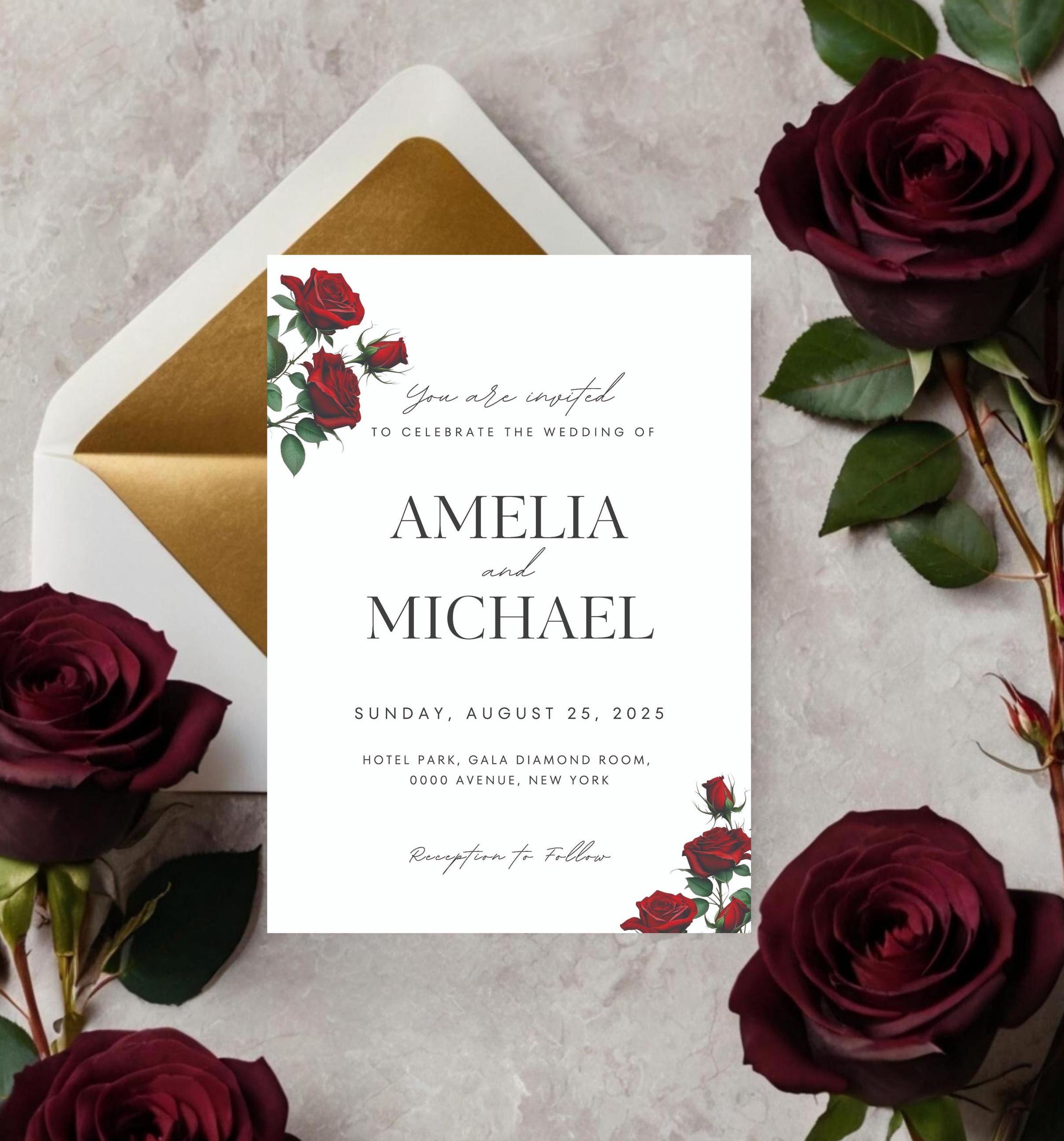 Red Roses Wedding Invitation, Rich Red Invite, Minimalist Invite ...