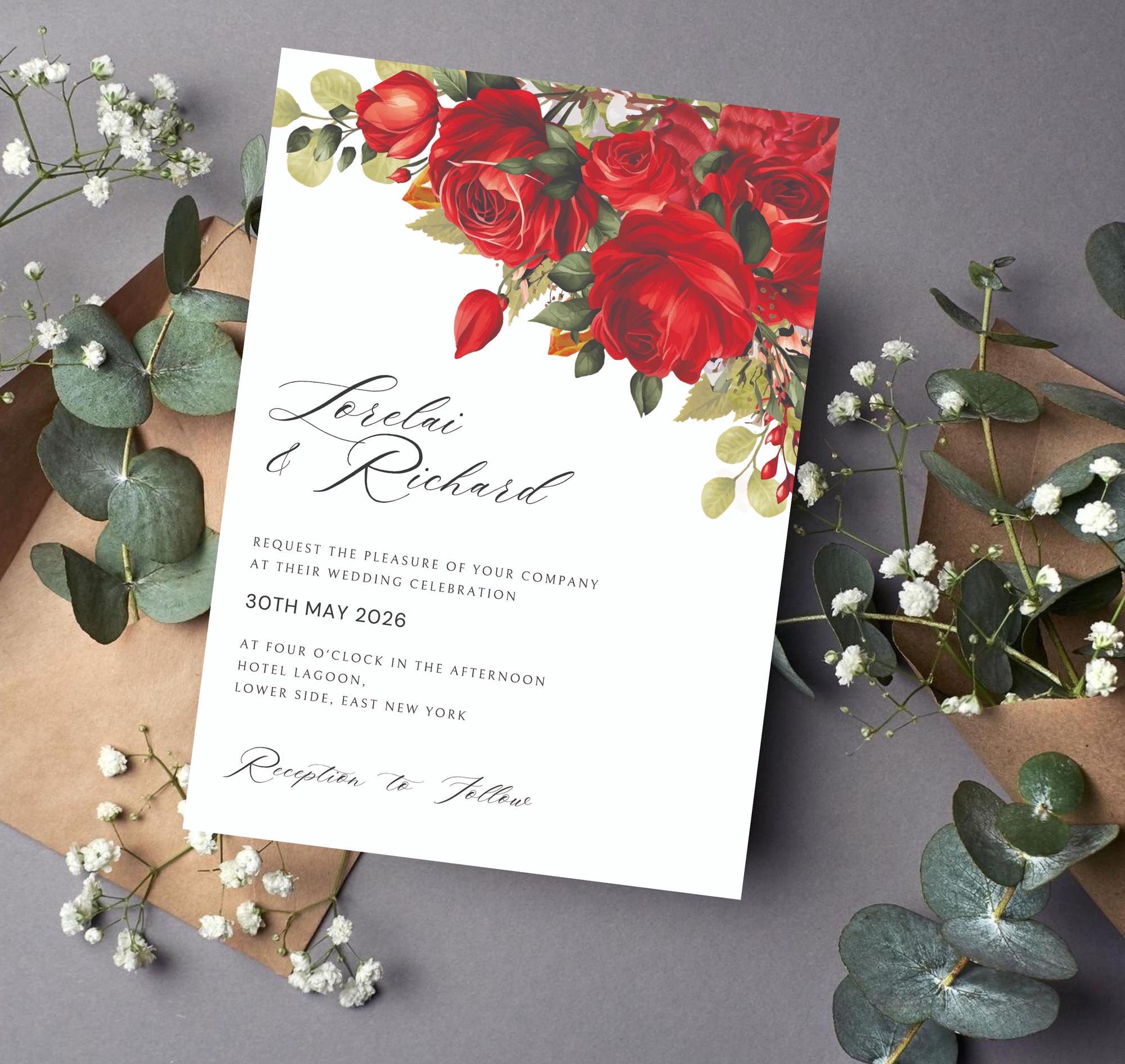 Deep Red Rose Card, Red Wedding Invite, Rich Red Invite, Red Rose ...