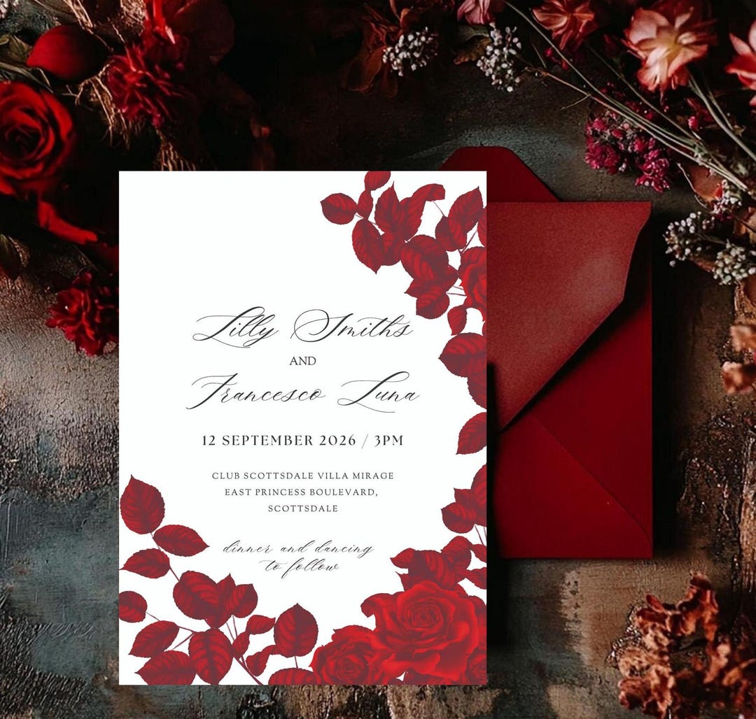 Deep Red Rose Leafes Wedding Invitation, Romantic Rose Wedding Invites ...