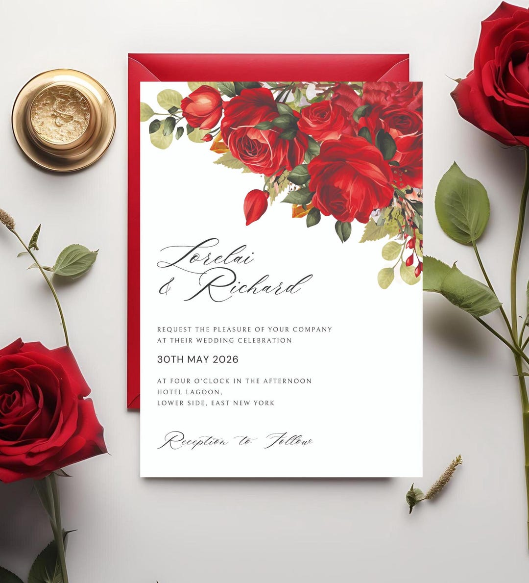 Deep Red Rose Card, Red Wedding Invite, Rich Red Invite, Red Rose ...