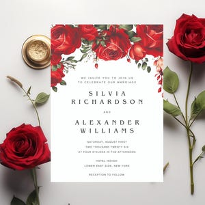 Red Romantic Wedding Invitation, Rose Wedding Card, Canva, Deep Red ...