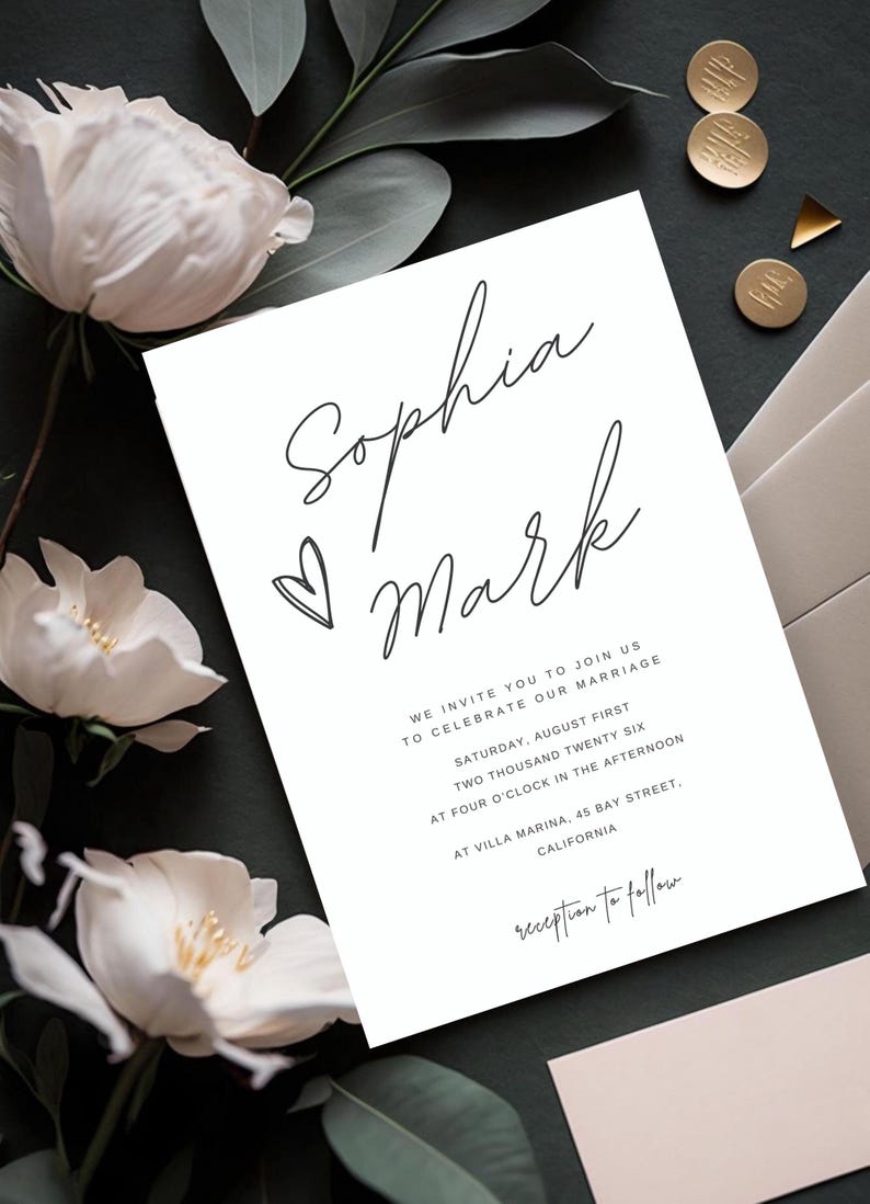 Minimalist Heart Wedding Invitation: Elegant Script (digital Download) 5x7" - Etsy