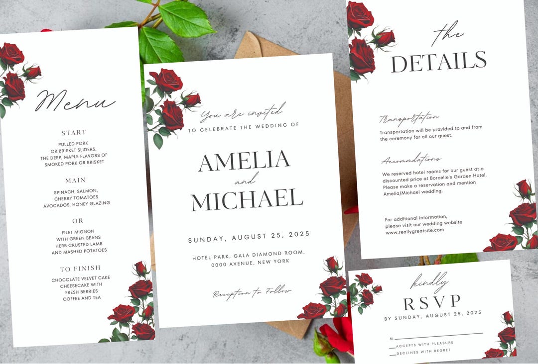 Rose Wedding Invite Template Set, Minimalist RED Rose Wedding Invite ...