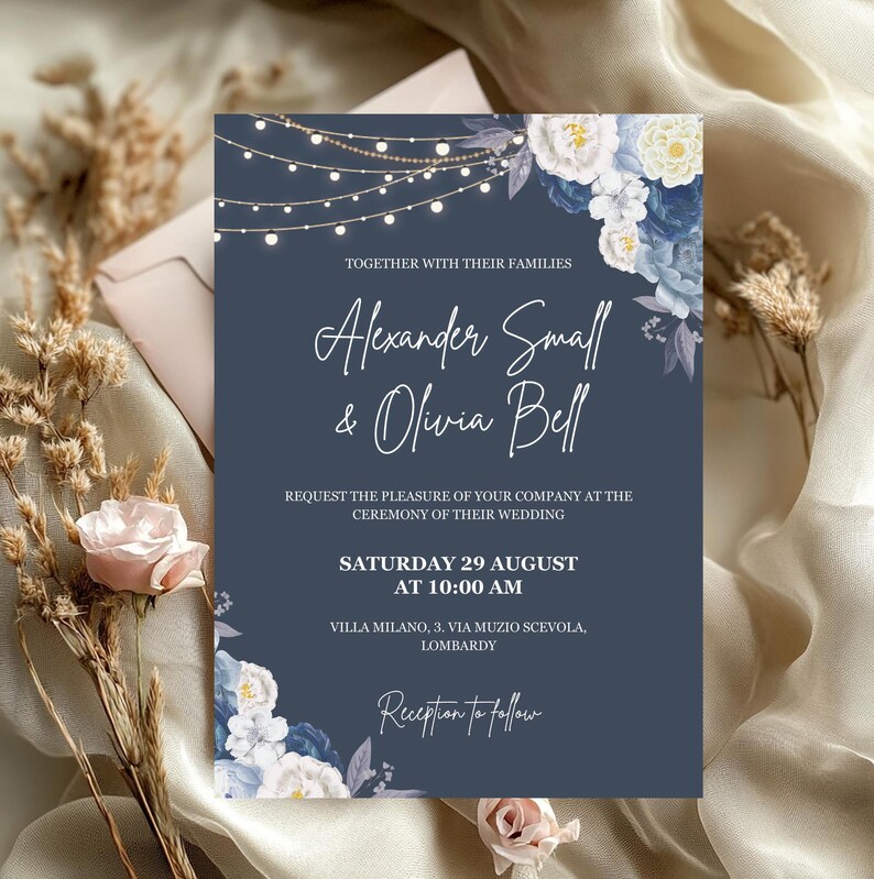 Royal Blue Wedding Invitation Template, Printable Floral Wedding Invite ...