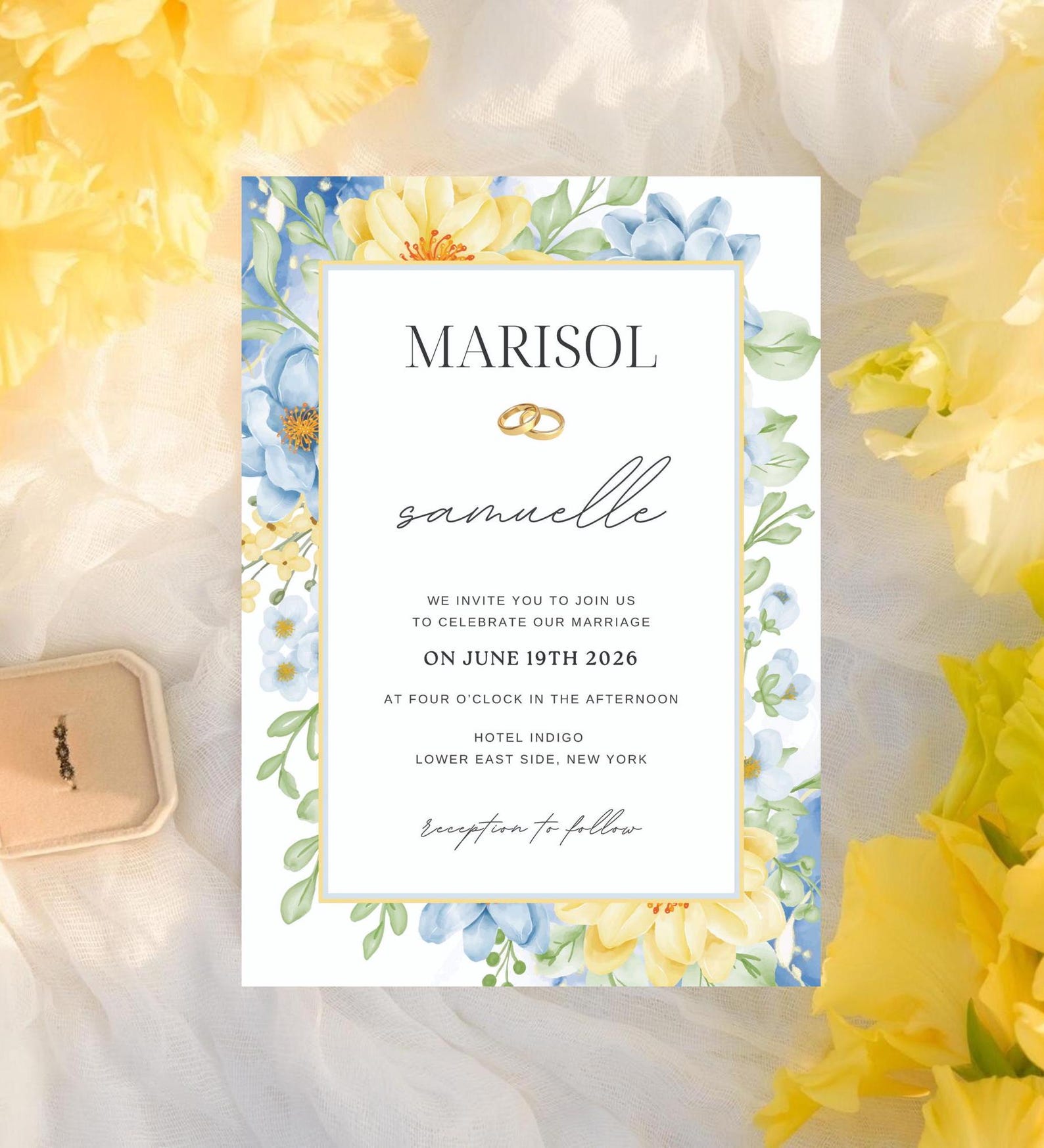 Yellow and Bright Wedding Invitation, Floral Brigth Blue and Yellow ...