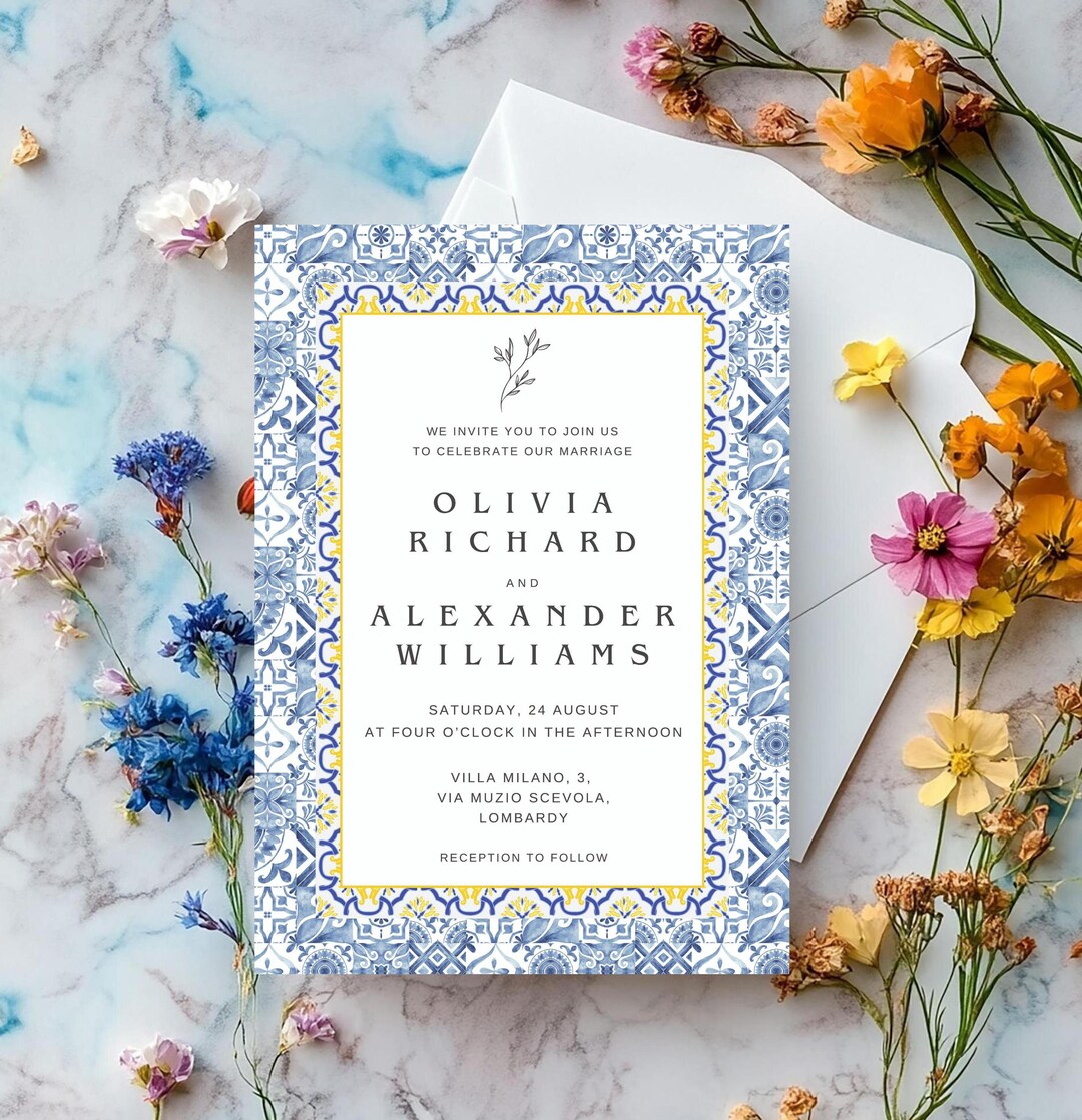 Mediterranean Italian Wedding Invitation, Tile Wedding Invitation ...