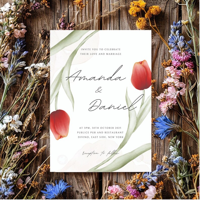 Red Tulip Invitation, Canva, Floral Wedding Card, Editable Invite ...