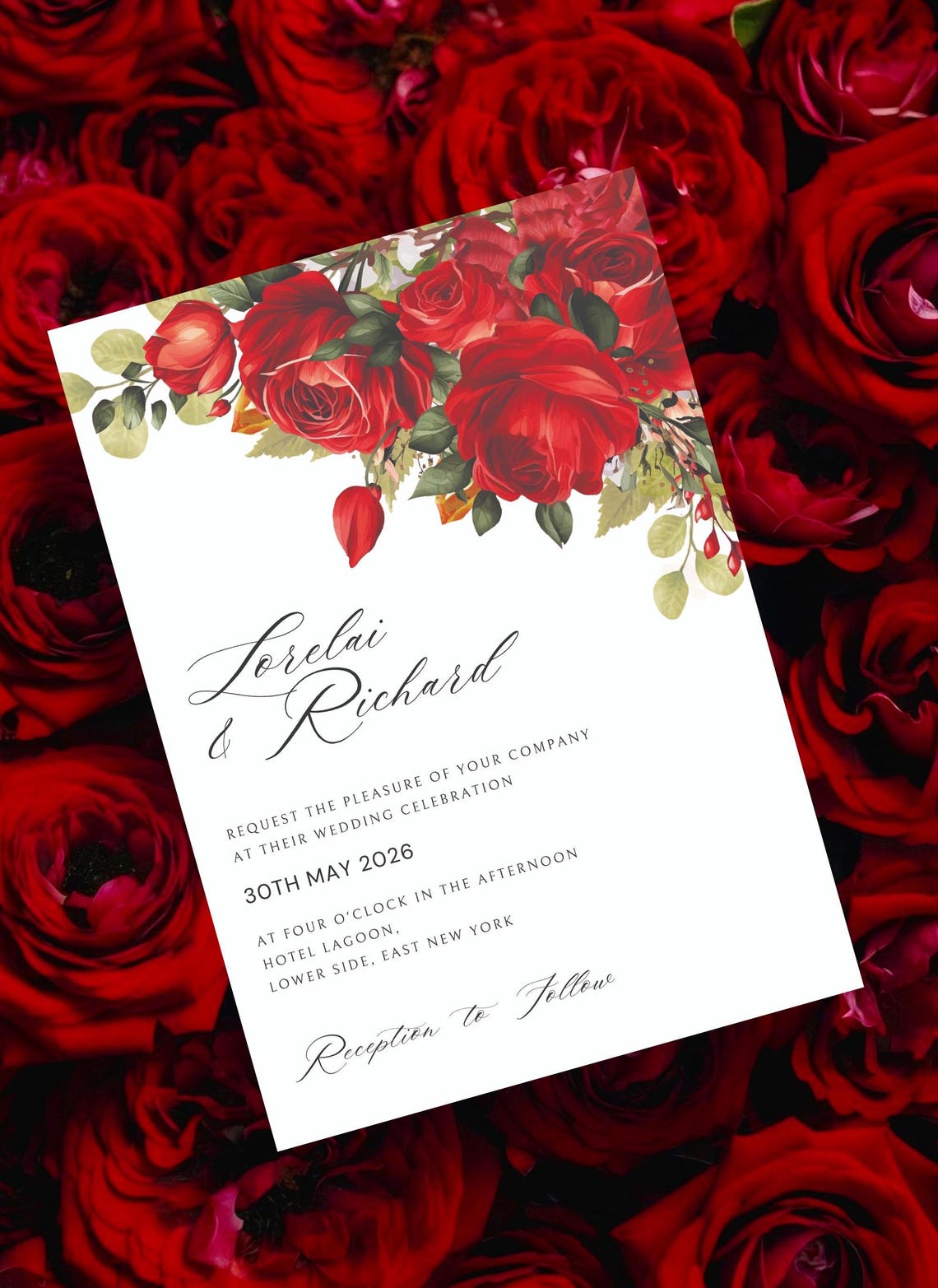 Deep Red Rose Card, Red Wedding Invite, Rich Red Invite, Red Rose ...
