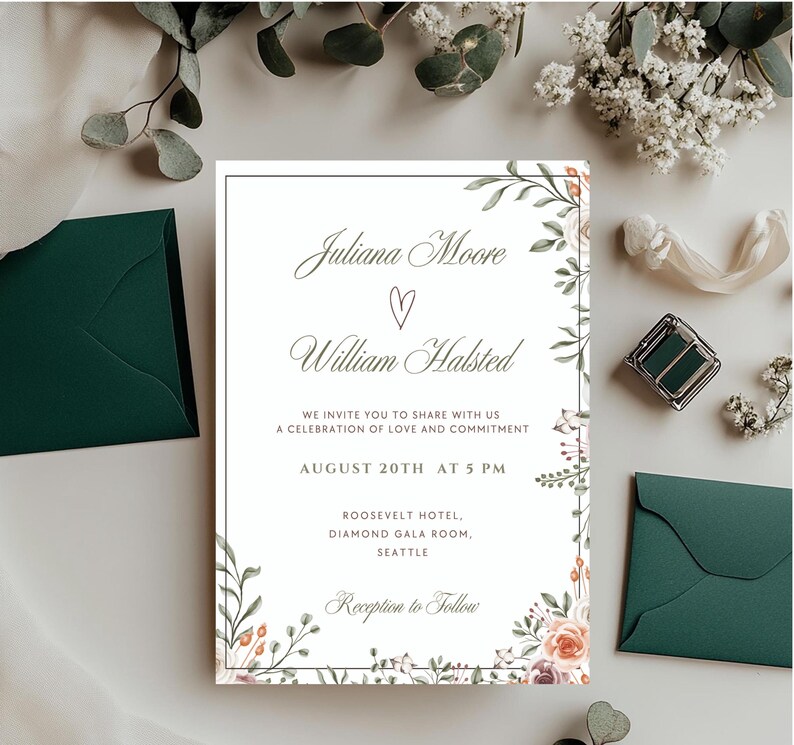 Greenery Wedding Invitation Template, Floral Wedding Printable, Boho ...