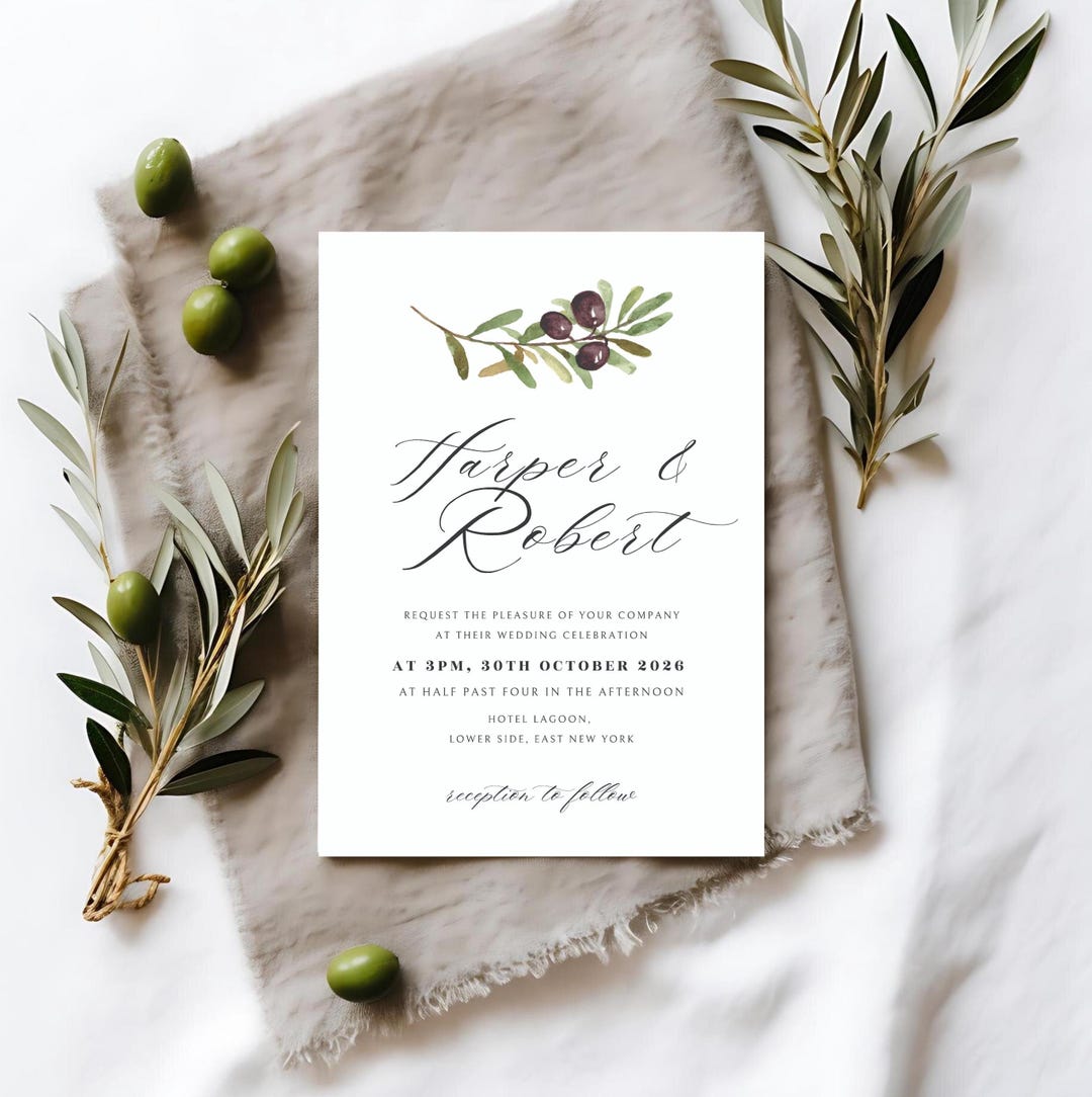 Italian Wedding Invitation Template Green Olive Branch Self-editing ...