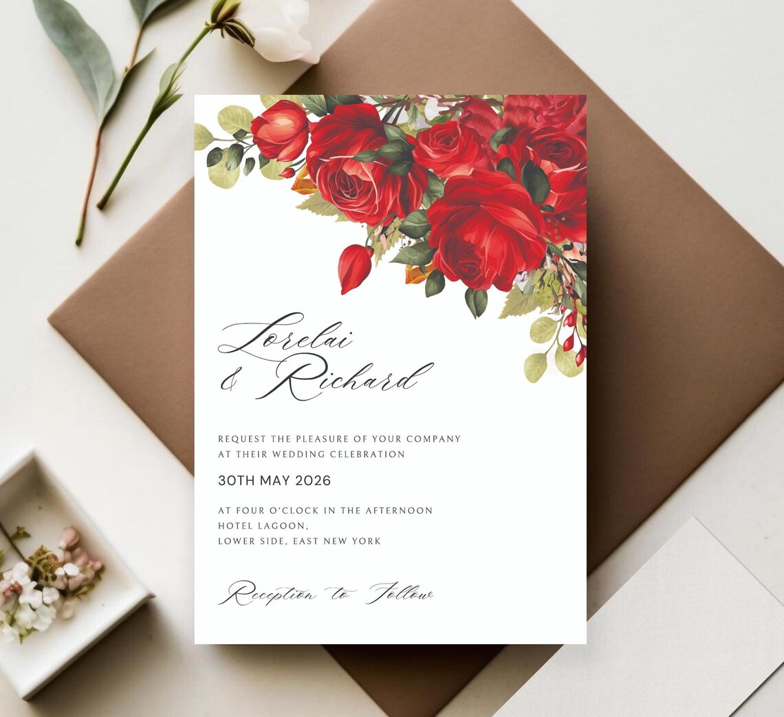 Deep Red Rose Card, Red Wedding Invite, Rich Red Invite, Red Rose ...