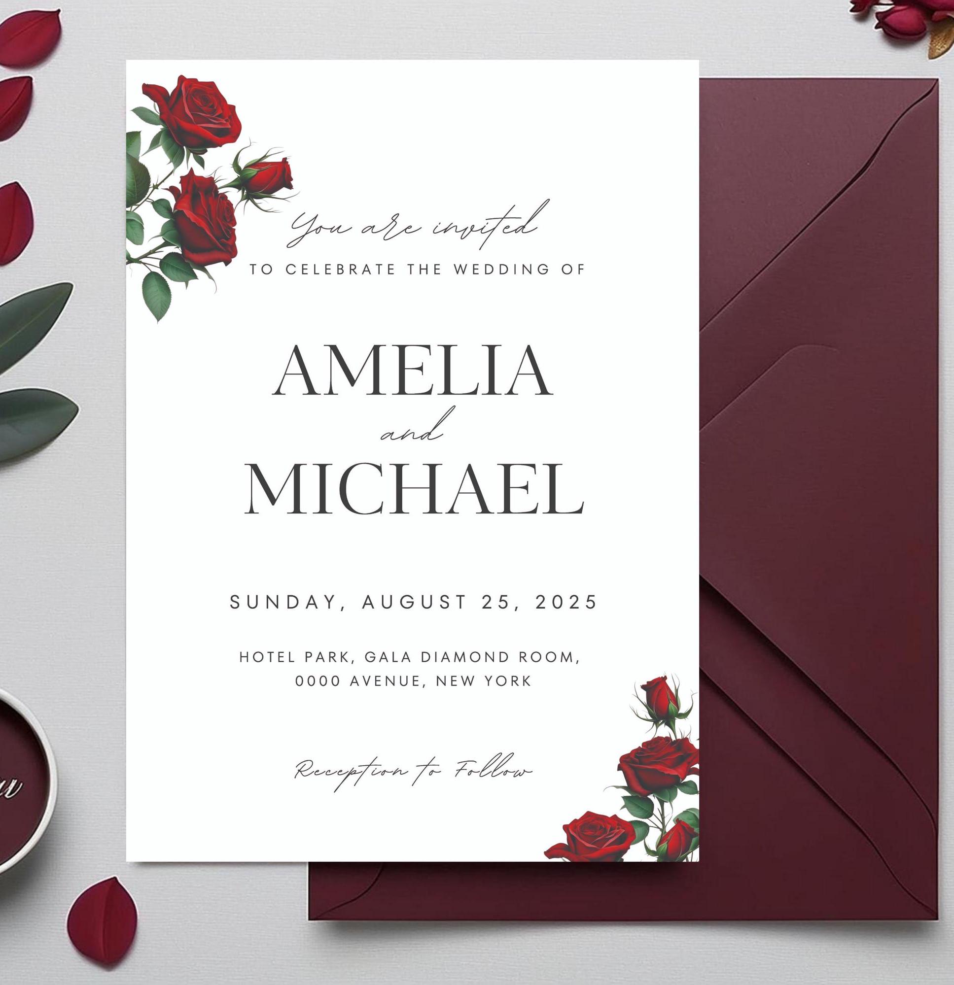 Red Roses Wedding Invitation, Rich Red Invite, Minimalist Invite ...