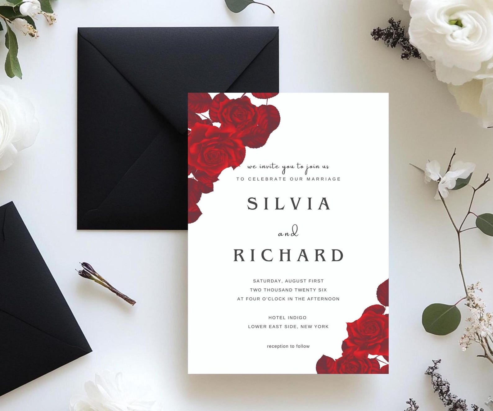 Red Rose Wedding Invitation, Burgundy Wedding Card, Deep Red Rose Card ...