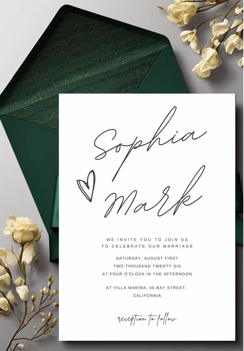 Minimalist Heart Wedding Invitation: Elegant Script (digital Download) 5x7" - Etsy