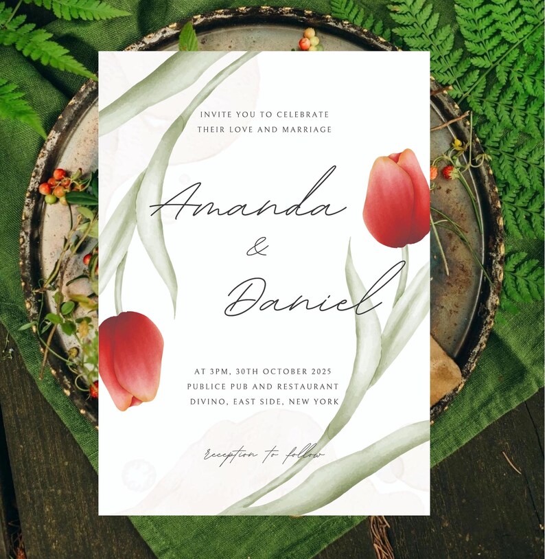 Red Tulip Invitation, Canva, Floral Wedding Card, Editable Invite ...