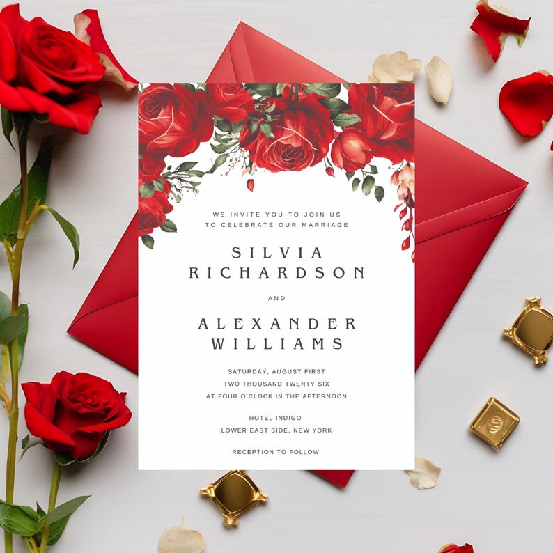 Red Romantic Wedding Invitation, Rose Wedding Card, Canva, Deep Red ...