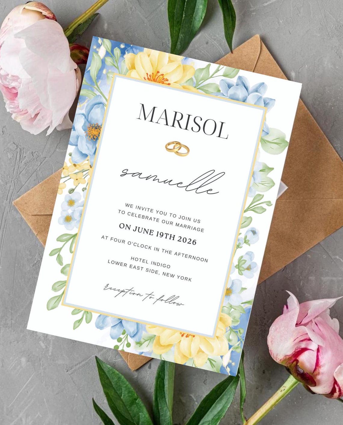 Yellow and Bright Wedding Invitation, Floral Brigth Blue and Yellow ...