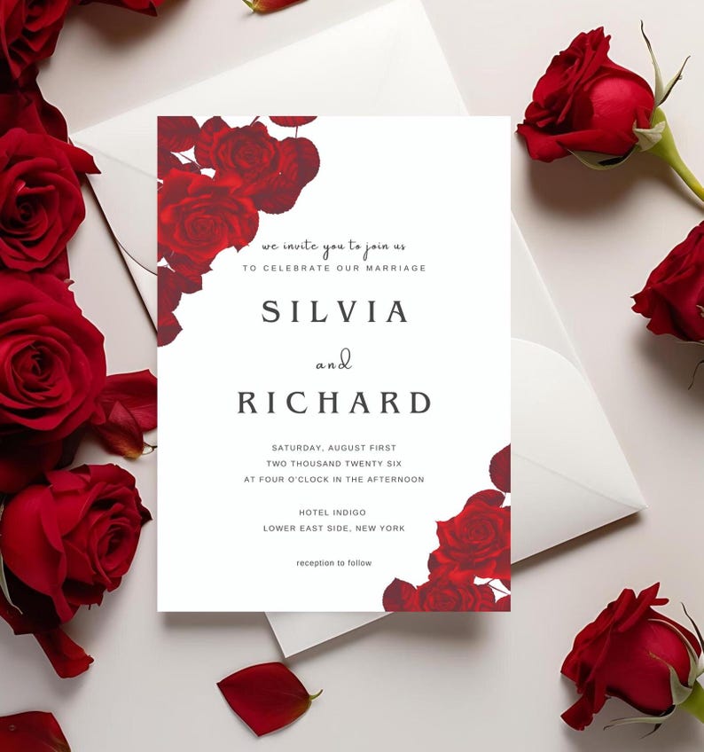 Red Rose Wedding Invitation, Burgundy Wedding Card, Deep Red Rose Card ...