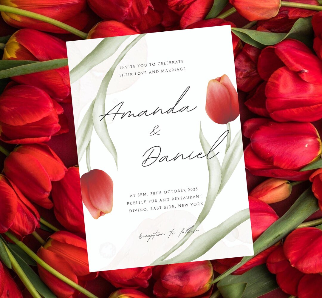 Red Tulip Invitation, Canva, Floral Wedding Card, Editable Invite ...