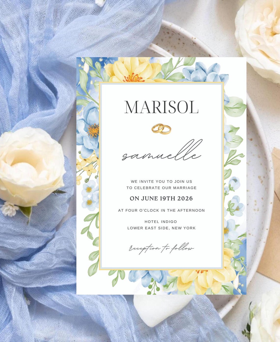 Yellow and Bright Wedding Invitation, Floral Brigth Blue and Yellow ...