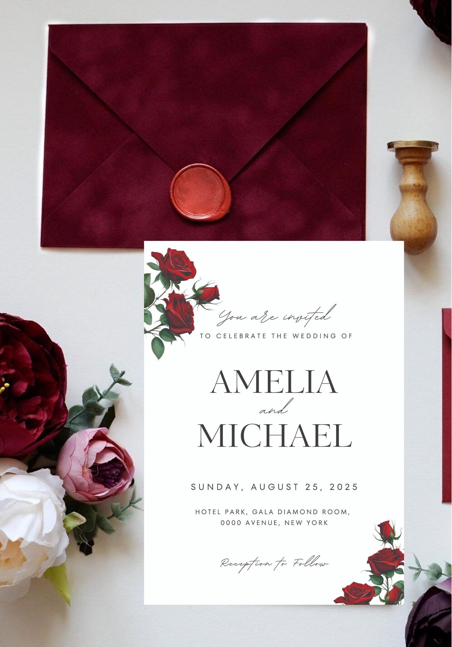 Red Roses Wedding Invitation, Rich Red Invite, Minimalist Invite ...