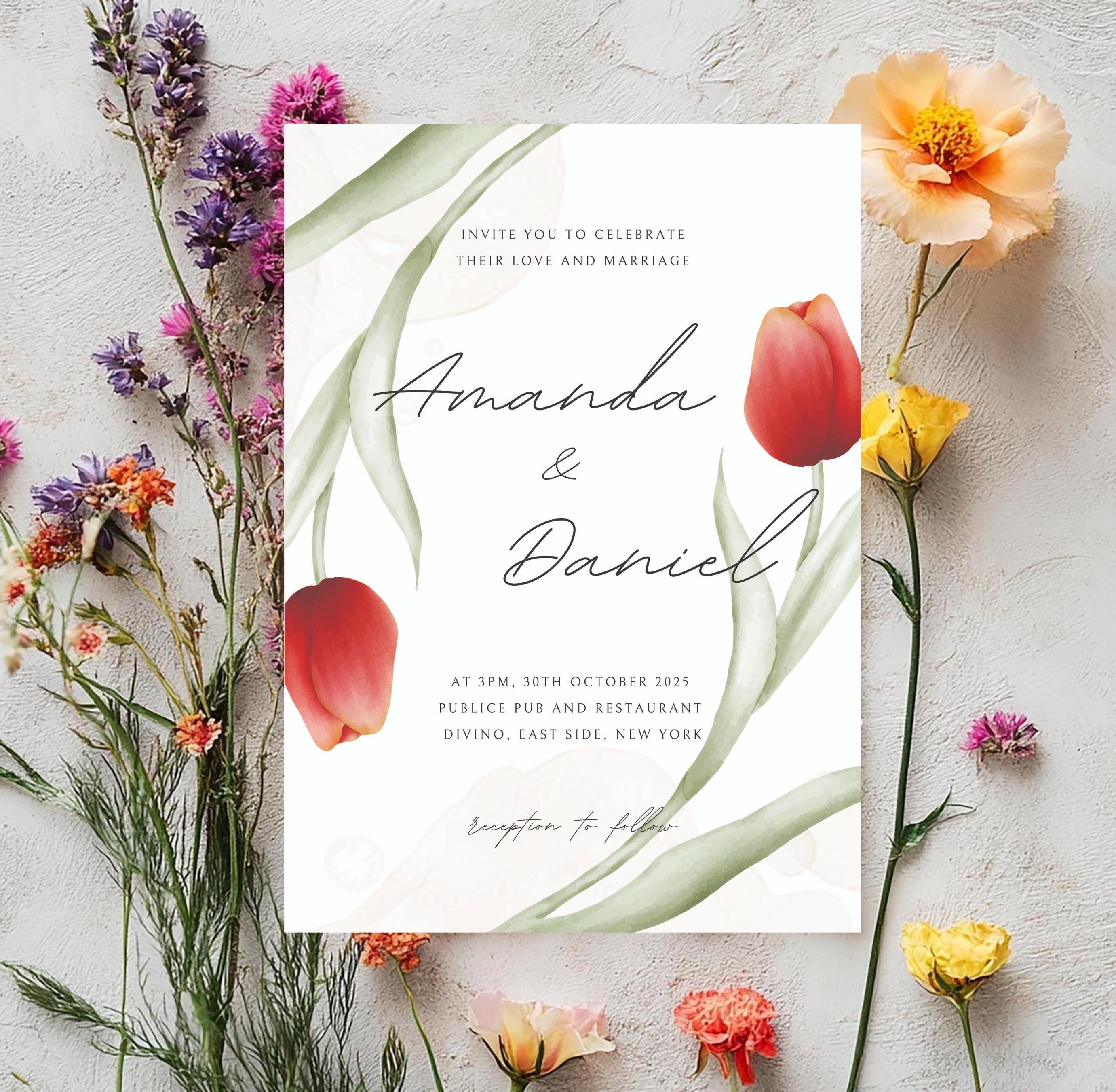 Red Tulip Invitation, Canva, Floral Wedding Card, Editable Invite ...