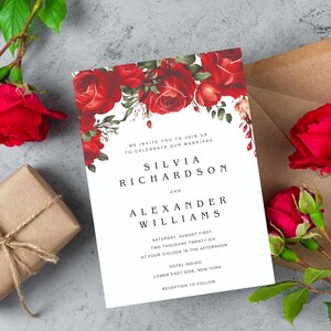 Red Romantic Wedding Invitation, Rose Wedding Card, Canva, Deep Red ...
