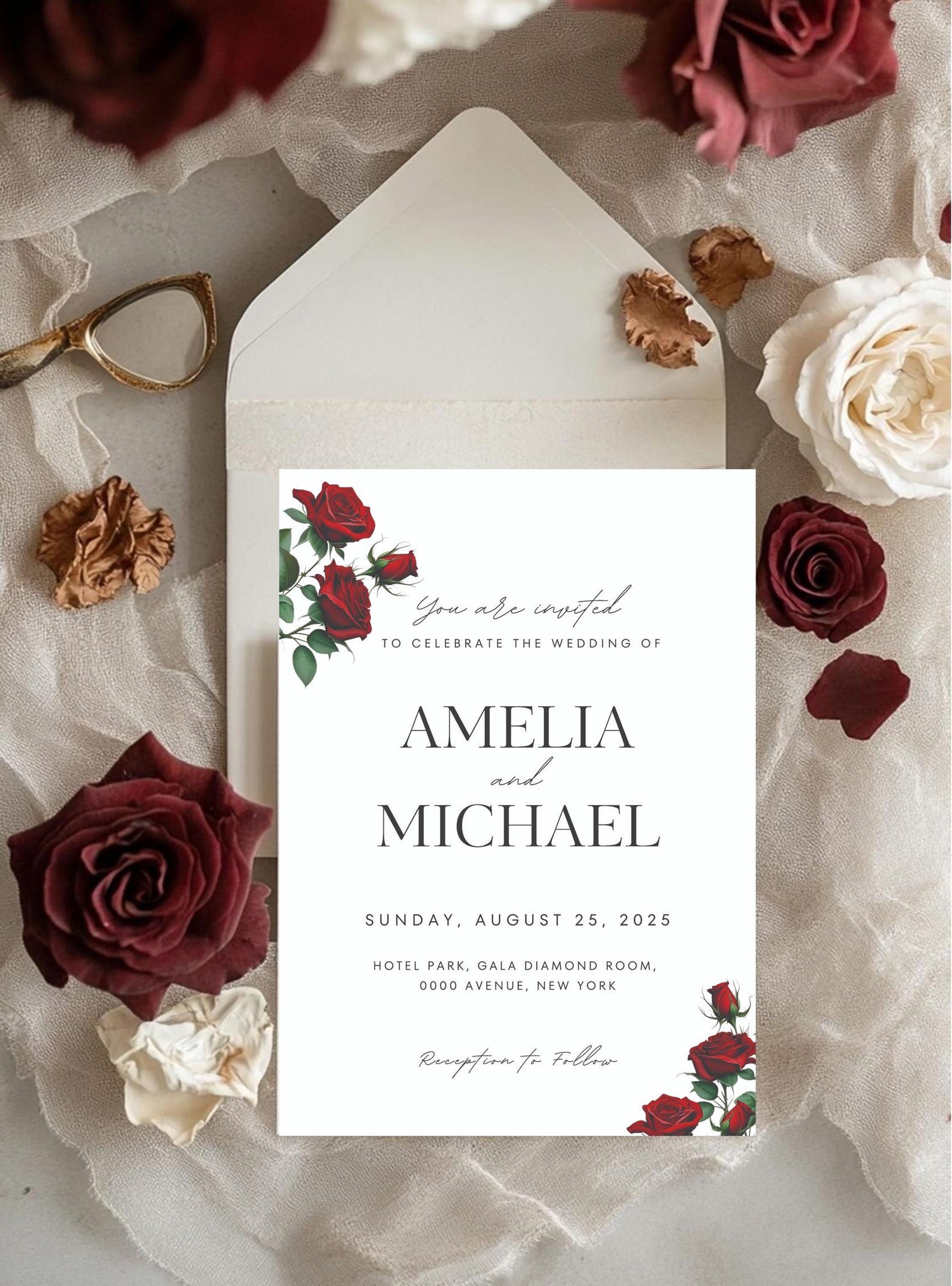 Red Roses Wedding Invitation, Rich Red Invite, Minimalist Invite ...