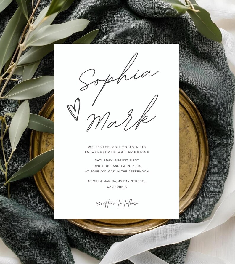 Minimalist Heart Wedding Invitation: Elegant Script (digital Download) 5x7" - Etsy