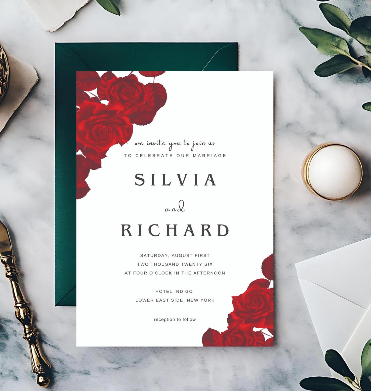 Red Rose Wedding Invitation, Burgundy Wedding Card, Deep Red Rose Card ...