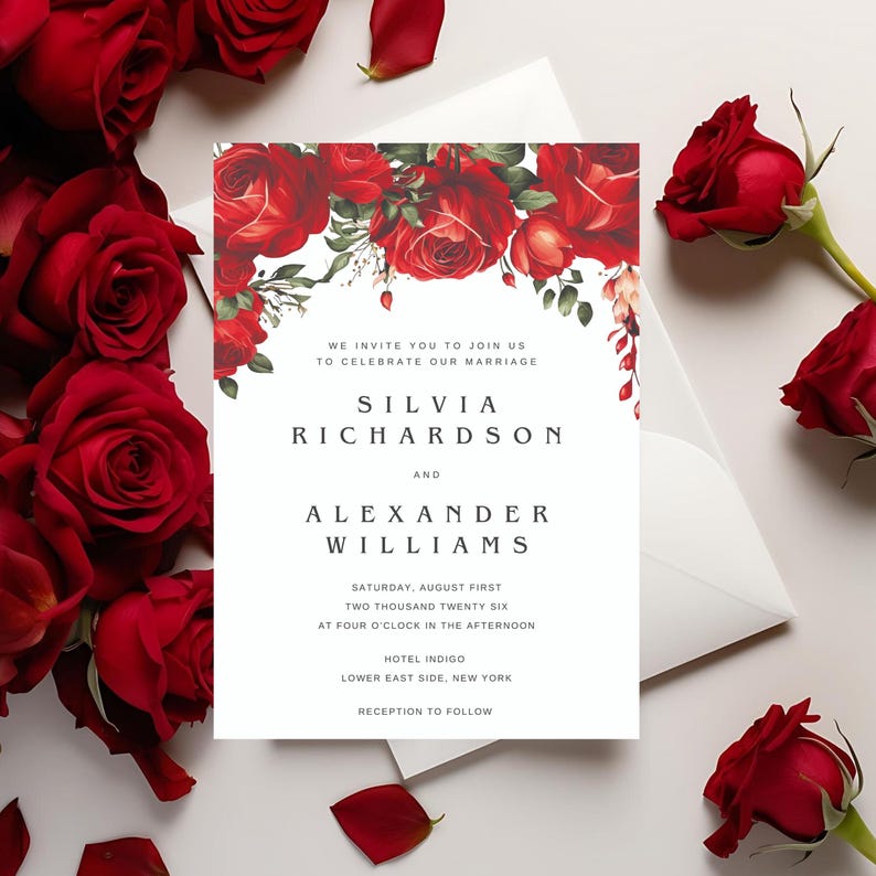 Red Romantic Wedding Invitation, Rose Wedding Card, Canva, Deep Red ...