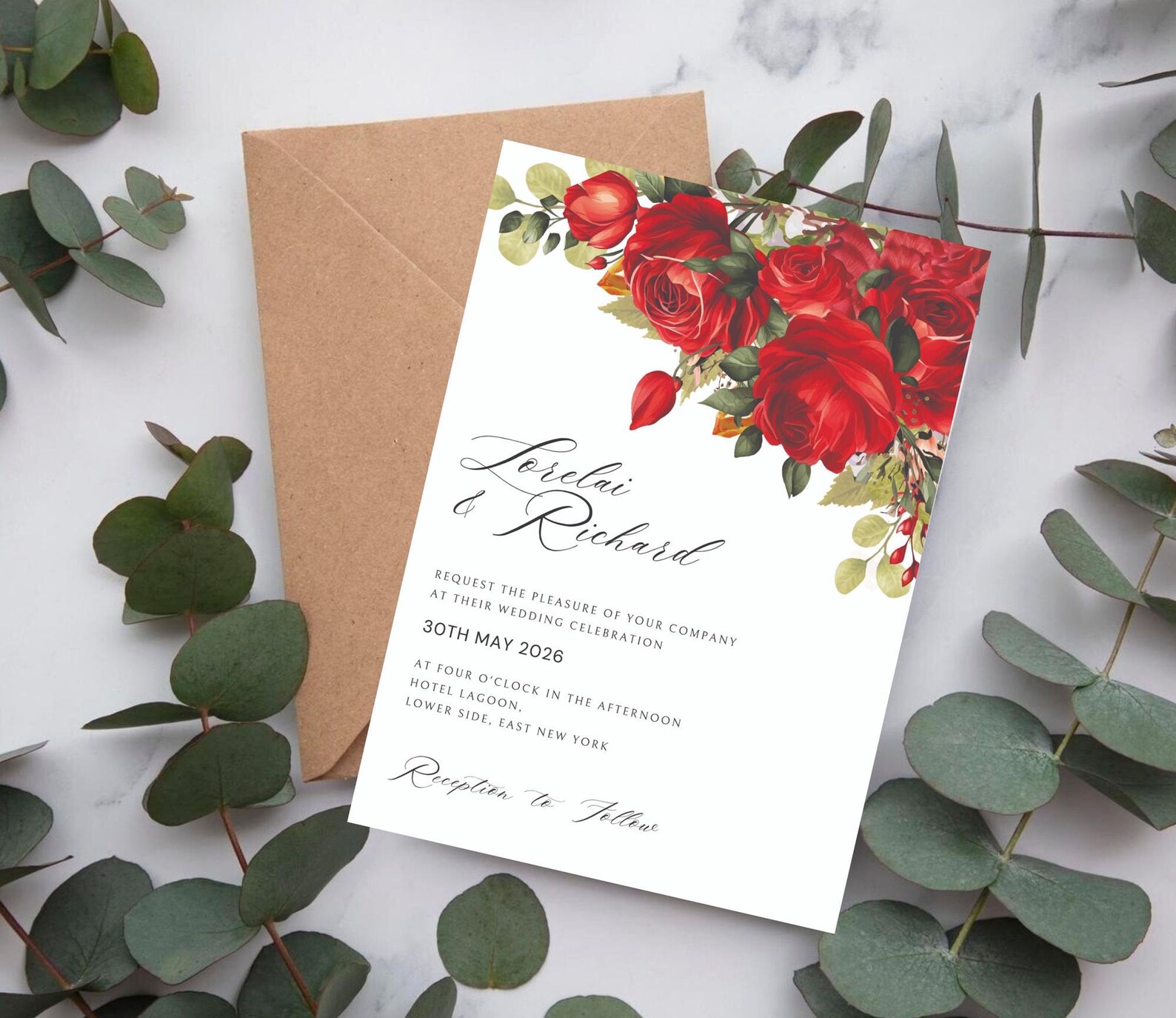 Deep Red Rose Card, Red Wedding Invite, Rich Red Invite, Red Rose ...