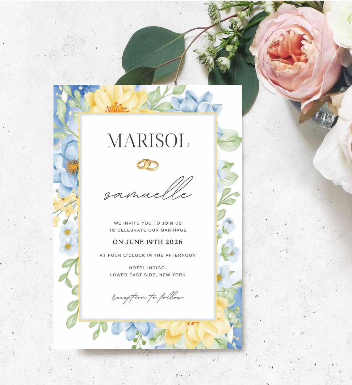 Yellow and Bright Wedding Invitation, Floral Brigth Blue and Yellow ...