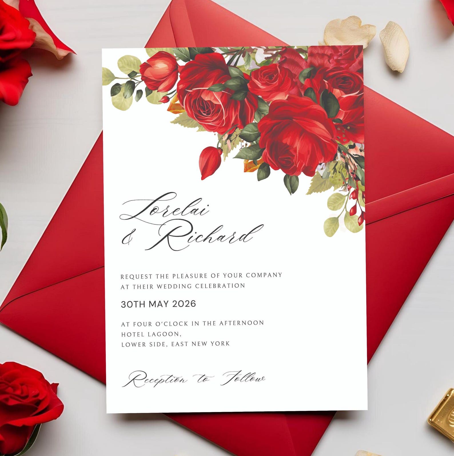 Deep Red Rose Card, Red Wedding Invite, Rich Red Invite, Red Rose ...