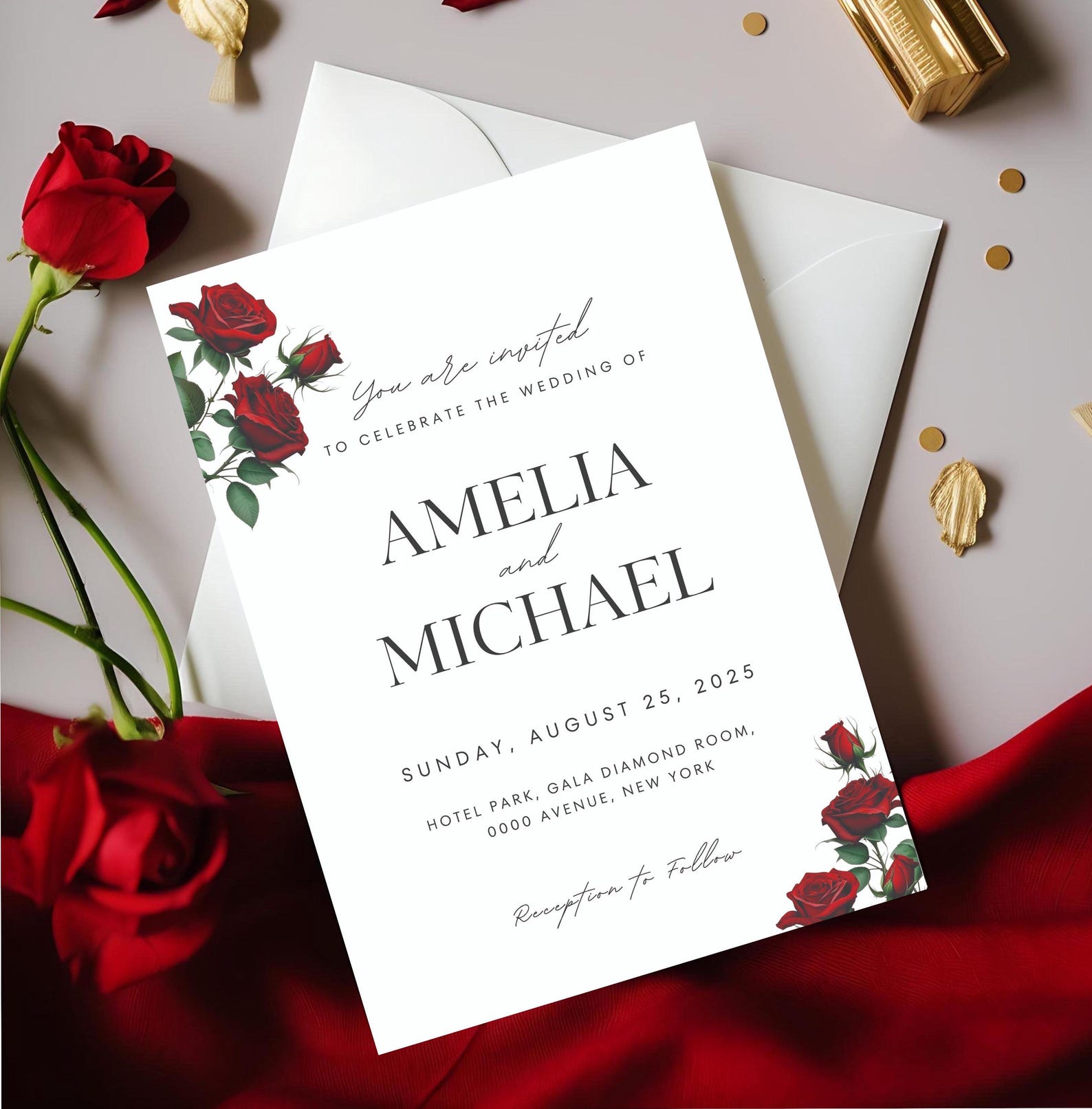 Red Roses Wedding Invitation, Rich Red Invite, Minimalist Invite ...