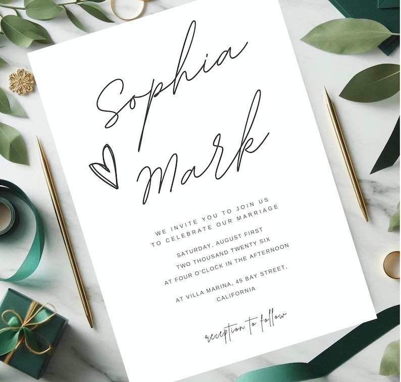 Minimalist Heart Wedding Invitation: Elegant Script (digital Download) 5x7" - Etsy