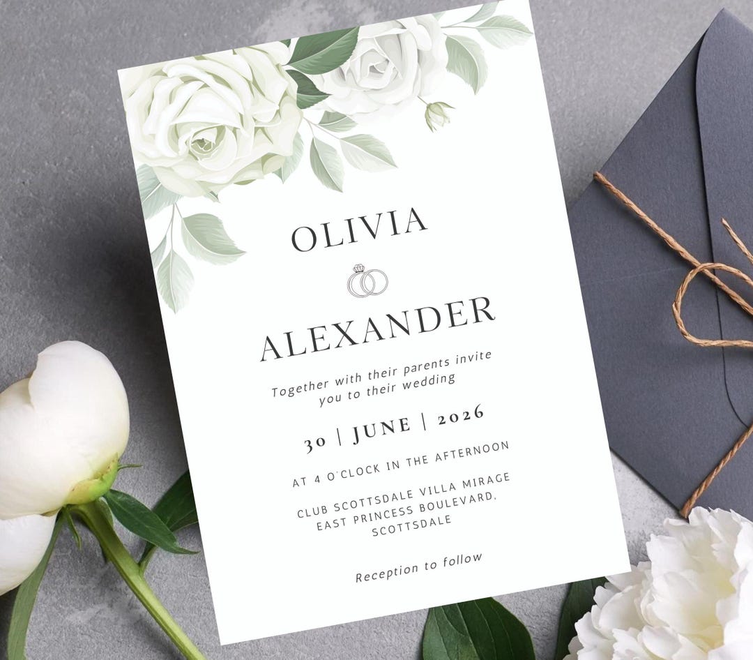 White Rose Wedding Invitation, Floral Wedding Invite, Elegant Invite ...