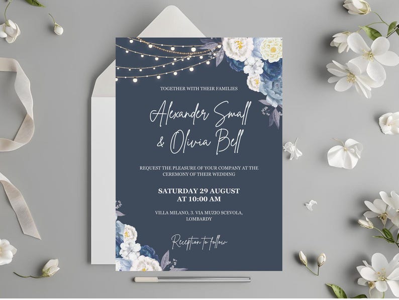 Royal Blue Wedding Invitation Template, Printable Floral Wedding Invite ...