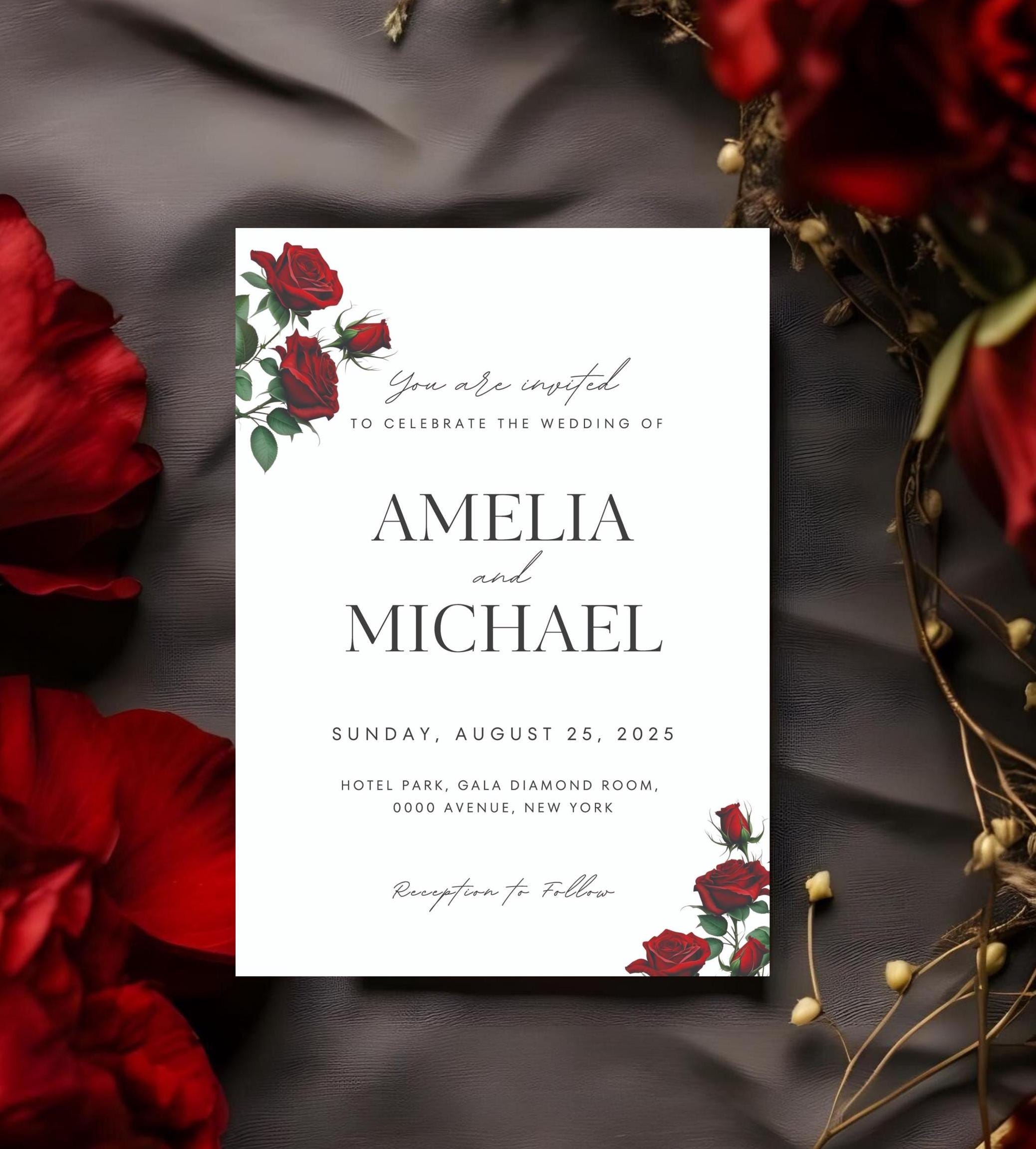 Red Roses Wedding Invitation, Rich Red Invite, Minimalist Invite ...