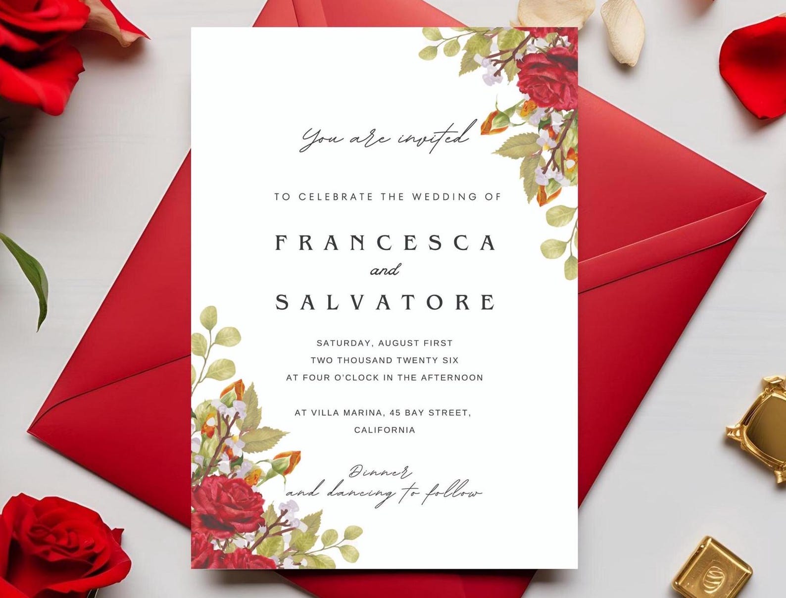 Rose Wedding Invitation, Romantic Wedding Card, Red Wedding Invite ...