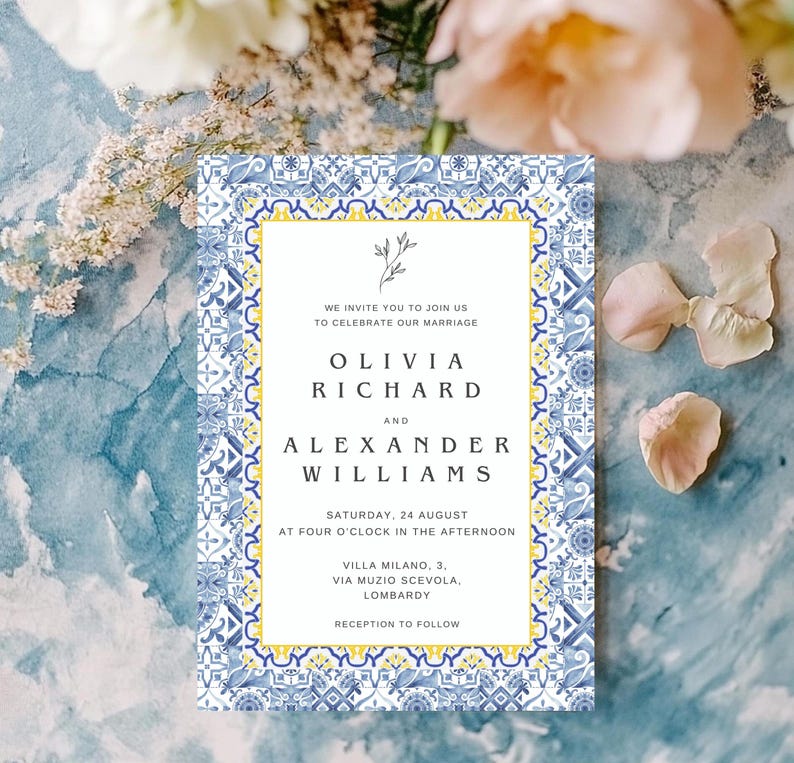 Mediterranean Wedding Invitation, Blue Tiles Wedding Card, Positano ...