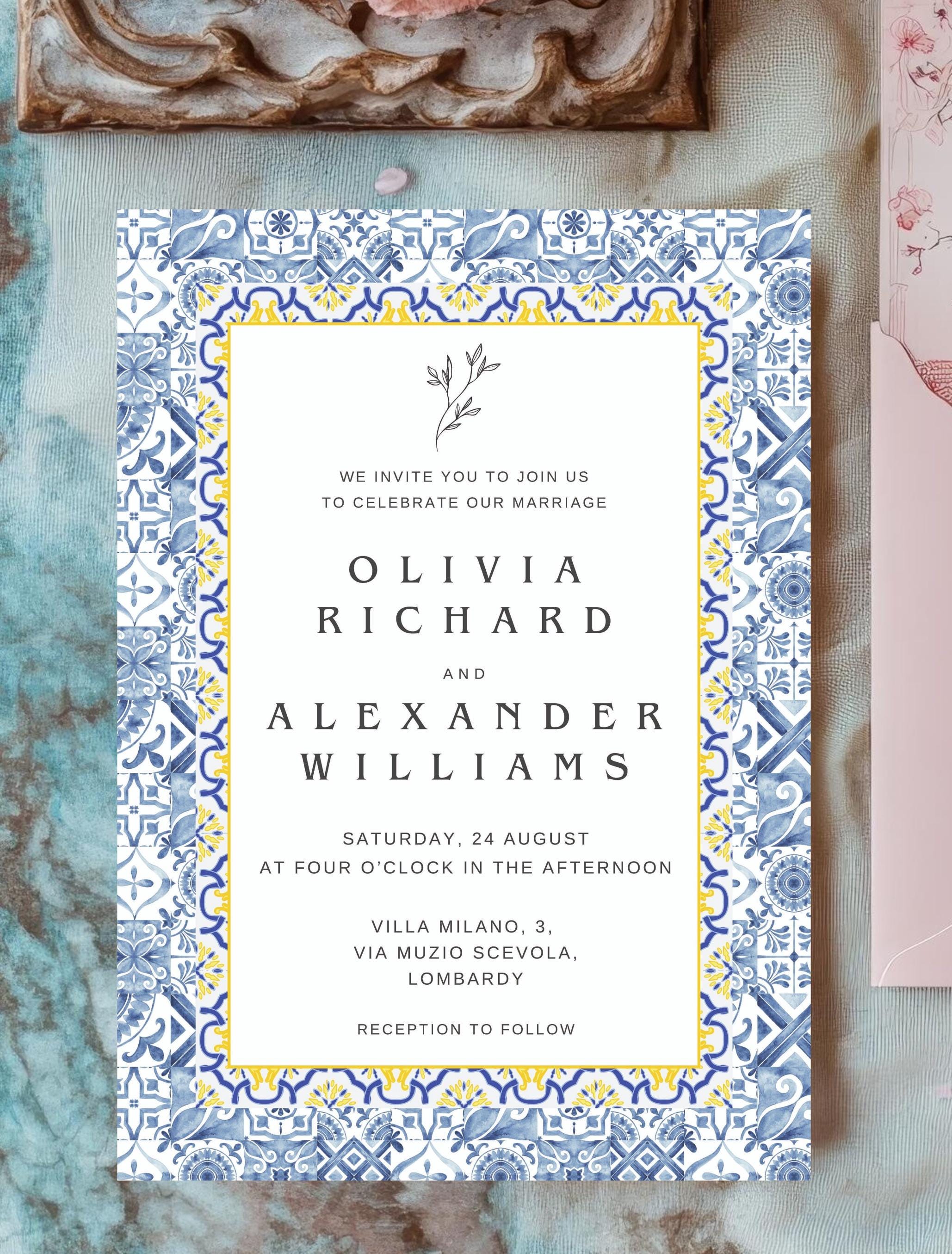 Mediterranean Italian Wedding Invitation, Tile Wedding Invitation ...