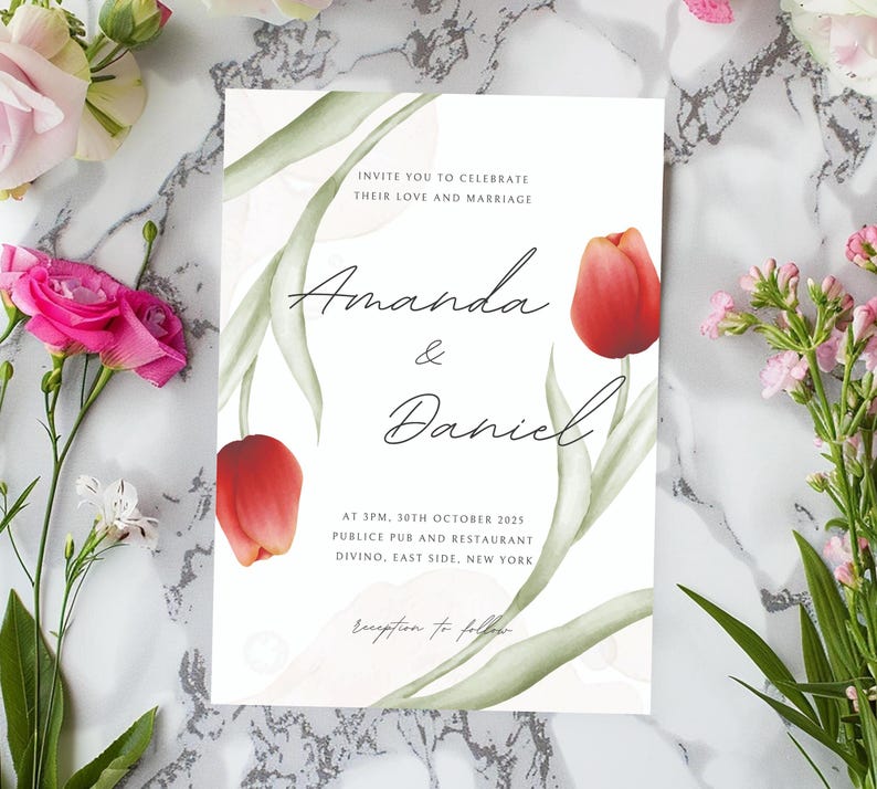 Red Tulip Invitation, Canva, Floral Wedding Card, Editable Invite ...