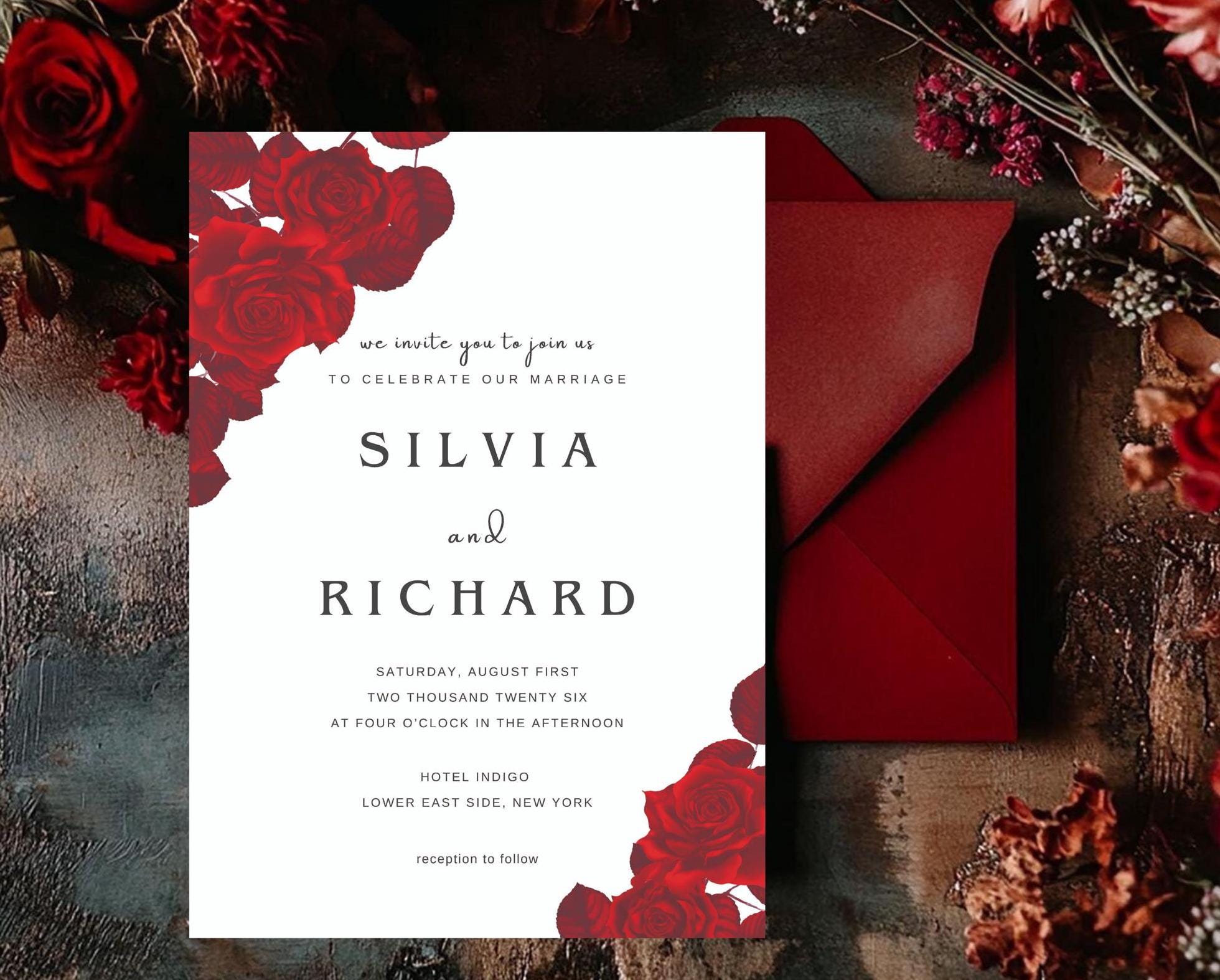 Red Rose Wedding Invitation, Burgundy Wedding Card, Deep Red Rose Card ...