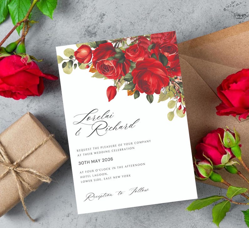 Deep Red Rose Card, Red Wedding Invite, Rich Red Invite, Red Rose ...