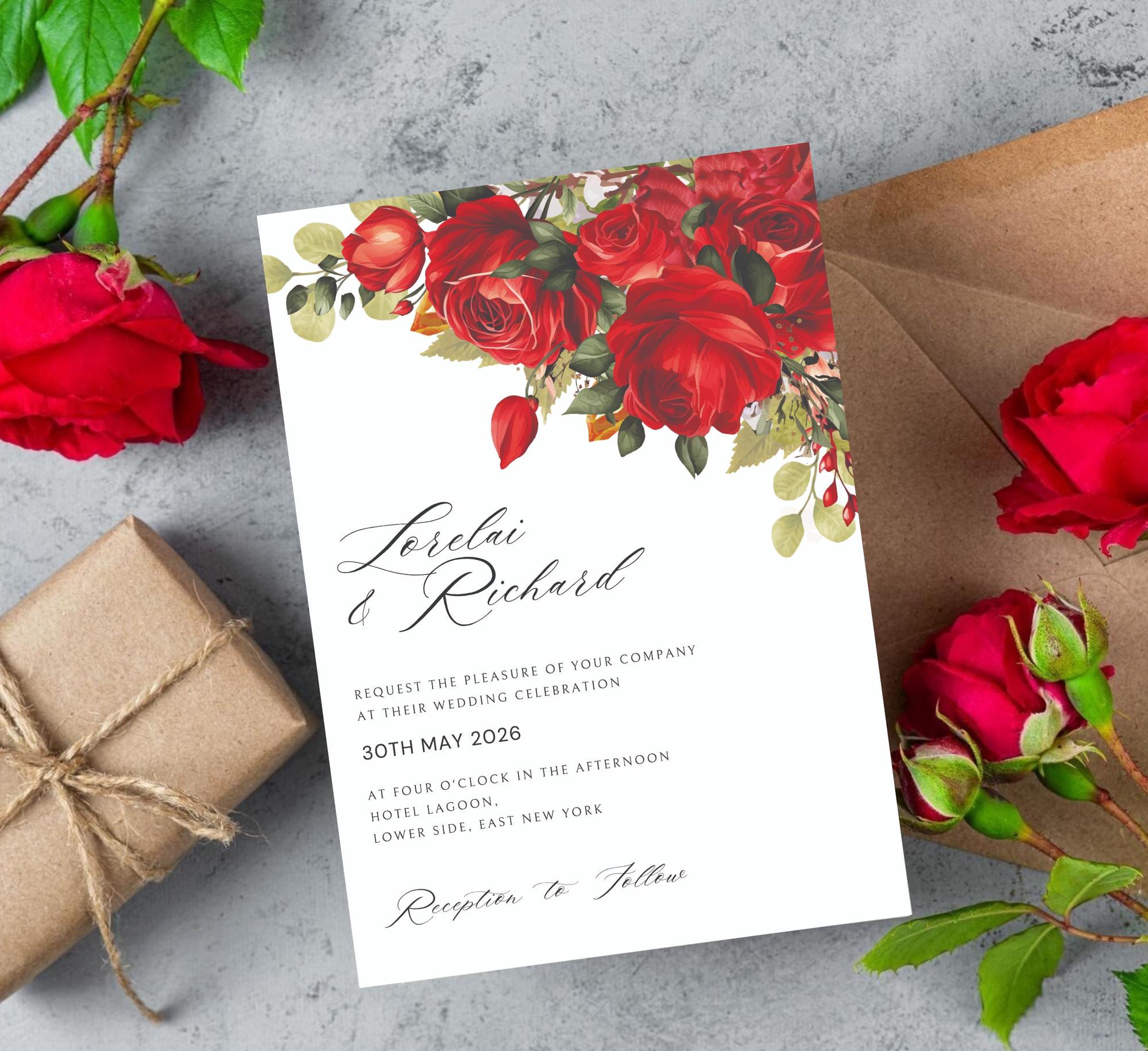 Deep Red Rose Card, Red Wedding Invite, Rich Red Invite, Red Rose ...