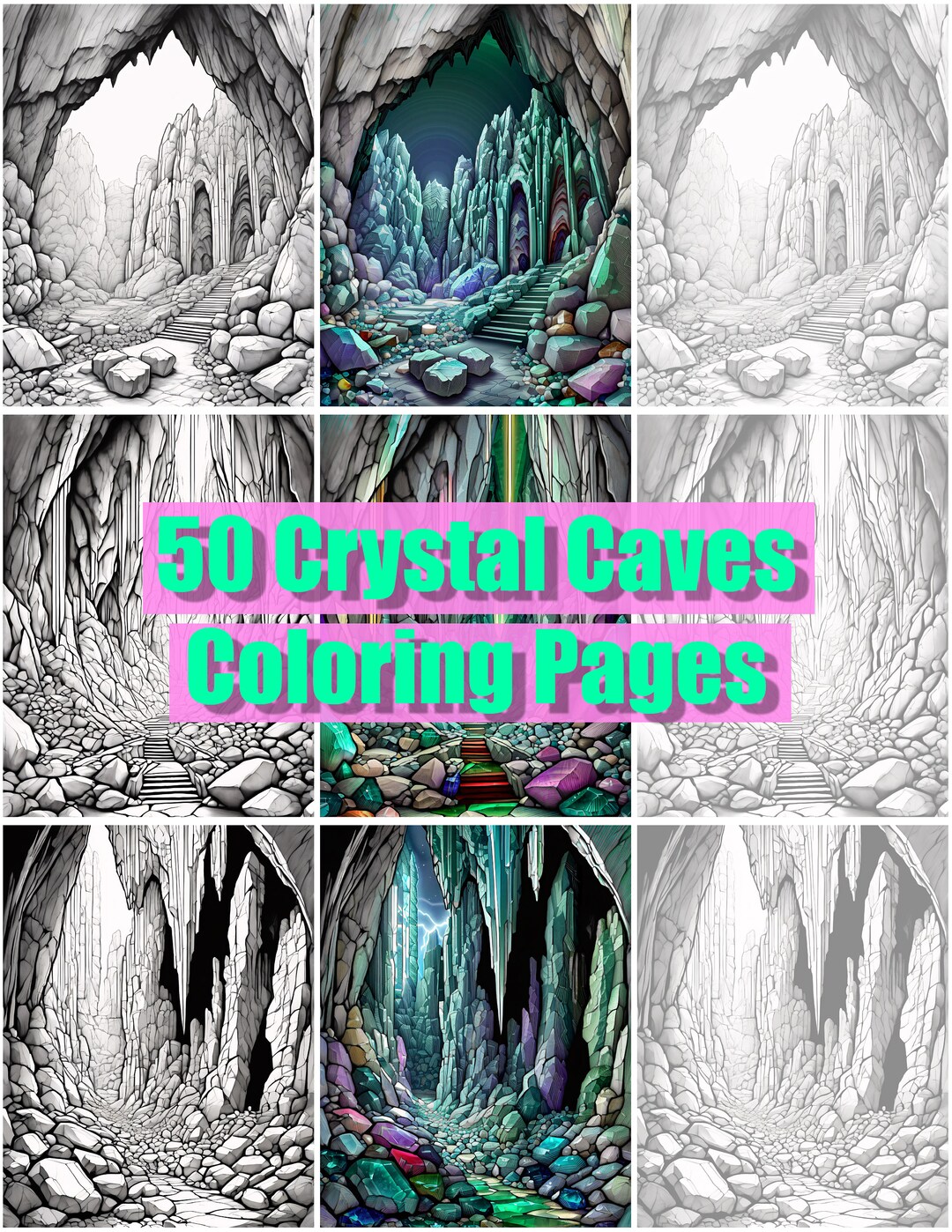 50 "crystal Caves" Coloring Pages - Adult Coloring Book - Instant ...