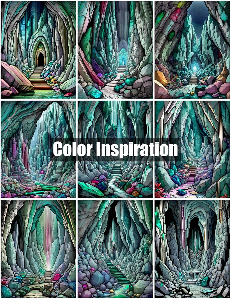 50 "crystal Caves" Coloring Pages - Adult Coloring Book - Instant ...