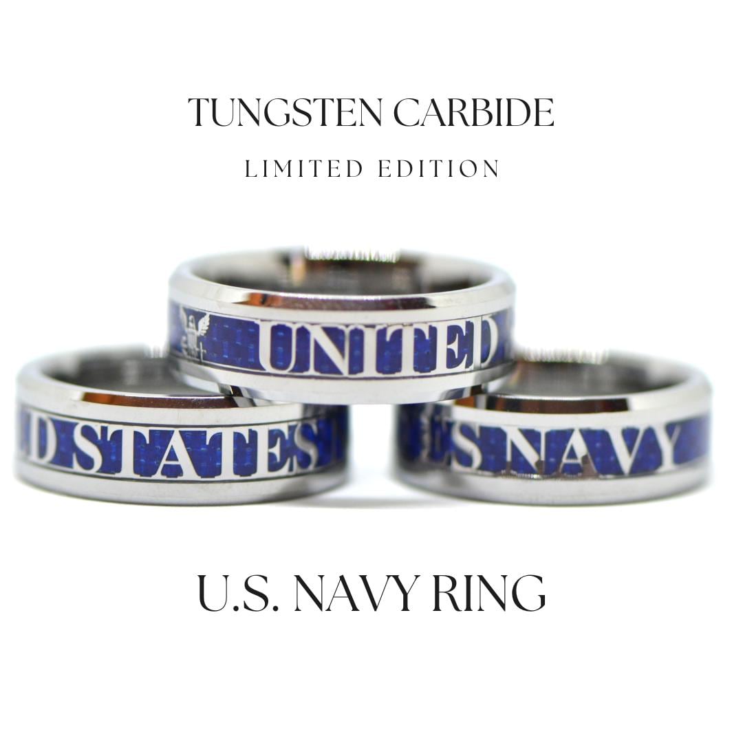 US Navy Light Blue Tungsten Ring Silver Edge Wedding Band Veteran ...