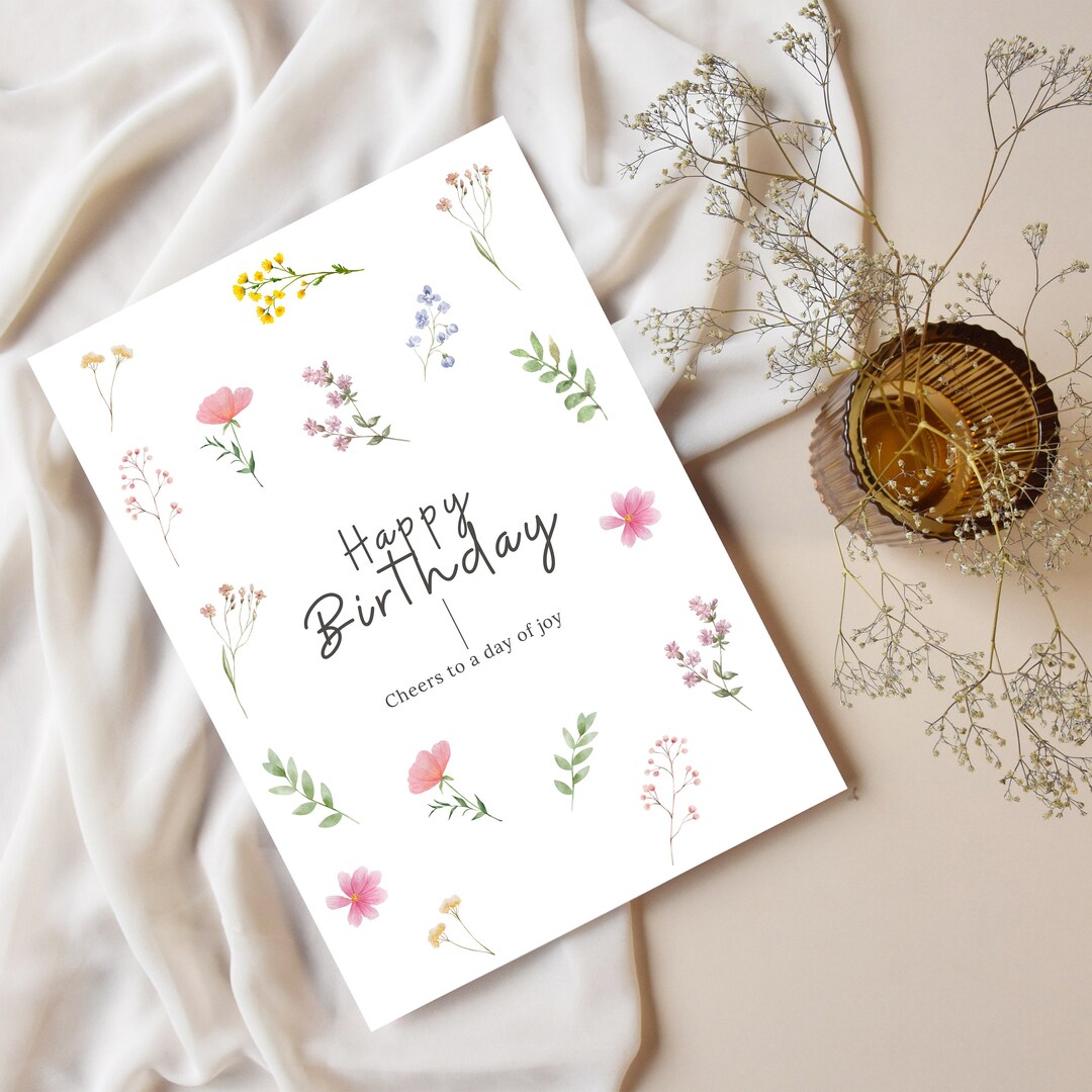 Printable Birthday Card, Minimal Birthday Card, Flower Birthday Card ...